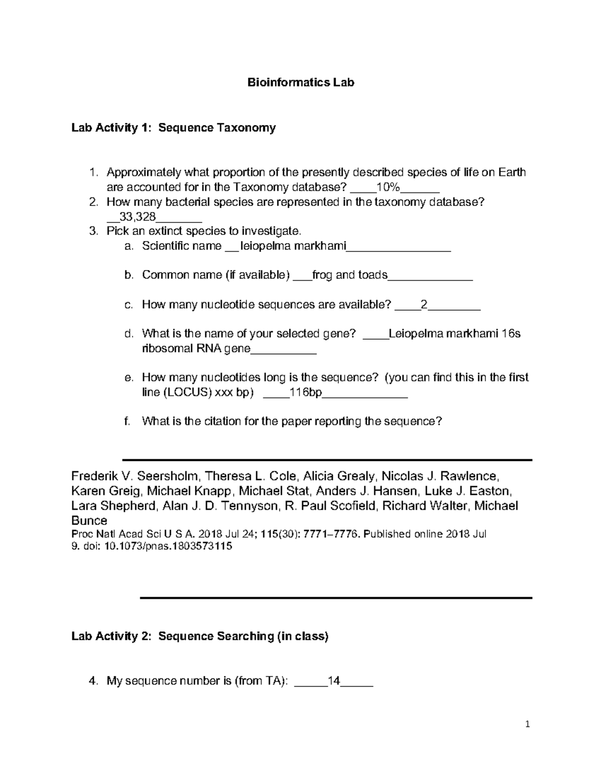 BIO111 Bioinformatics LAB - Bioinformatics Lab Lab Activity 1: Sequence Taxonomy Approximately ...