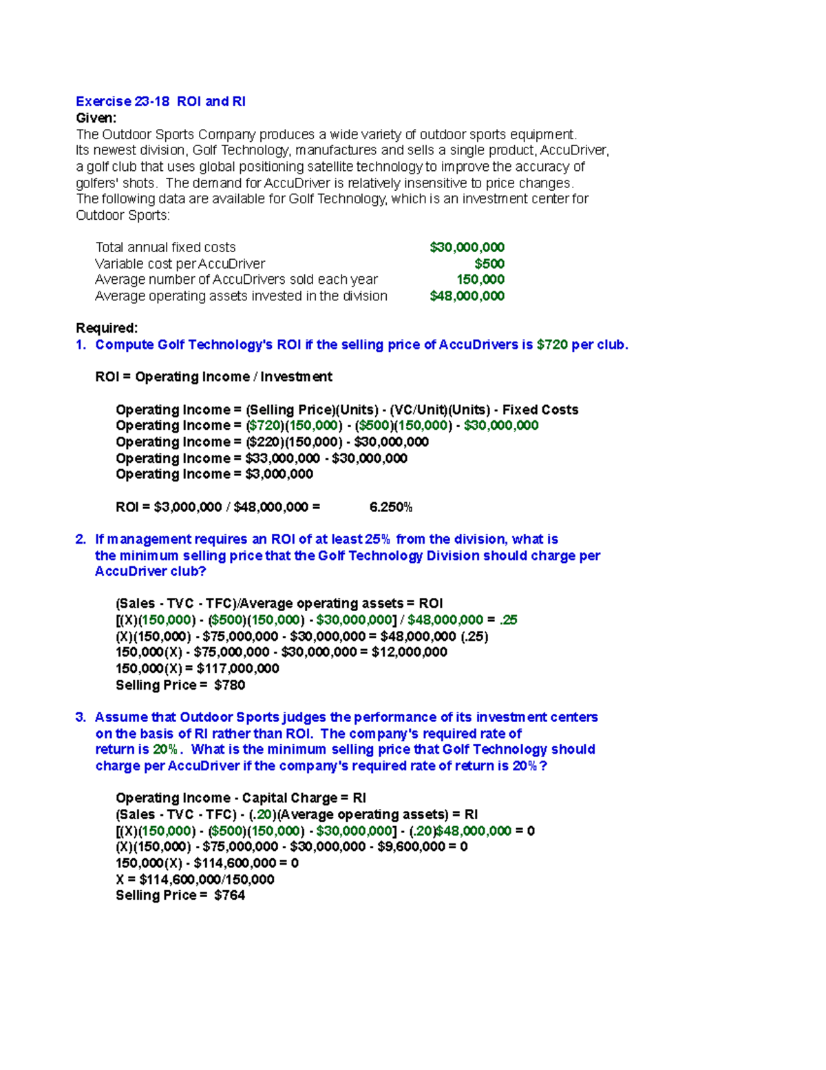 Chapter 23 Accounting: ROI, RI, and Performance Measurement Exercises ...