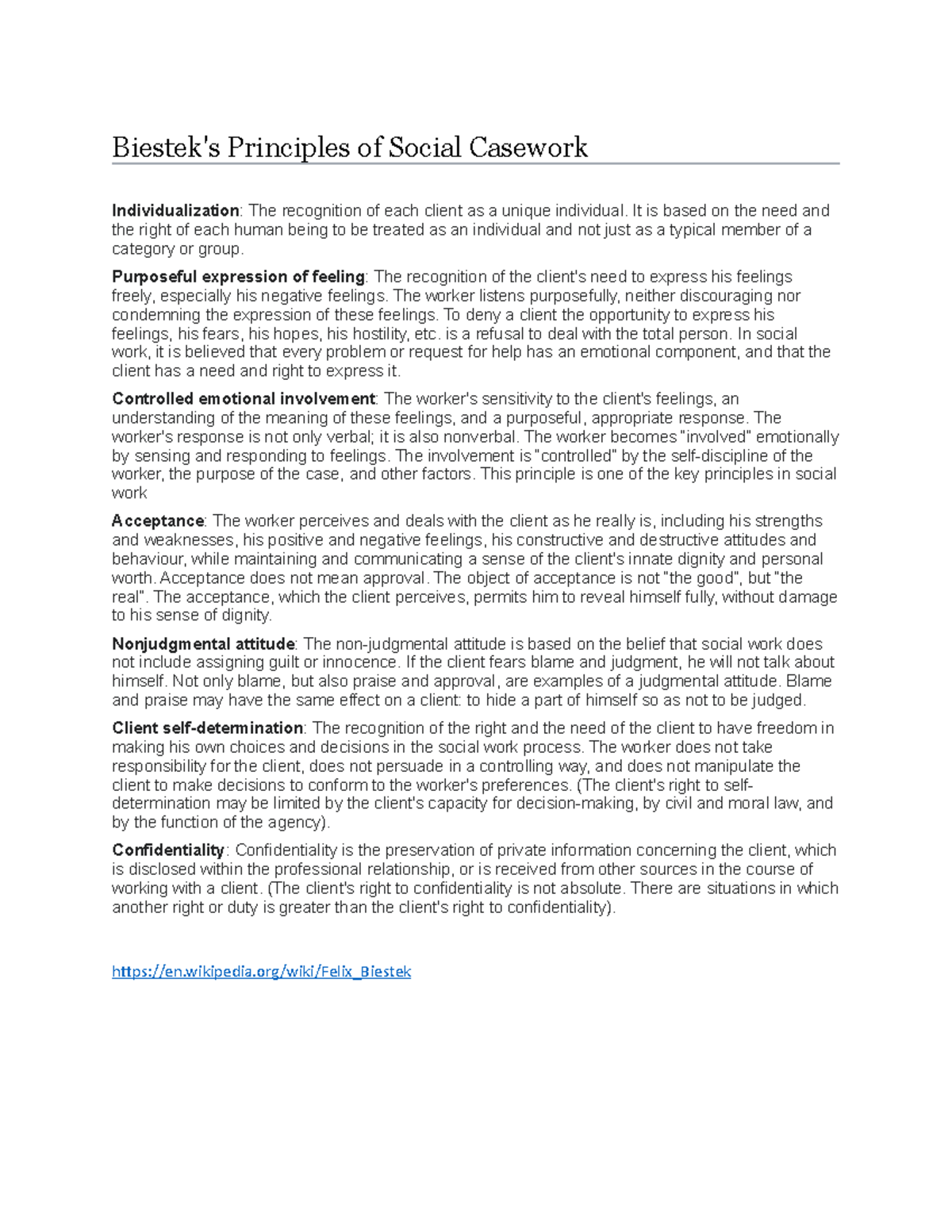 Biestek's 7 Principles of Social Casework Overview - Studocu