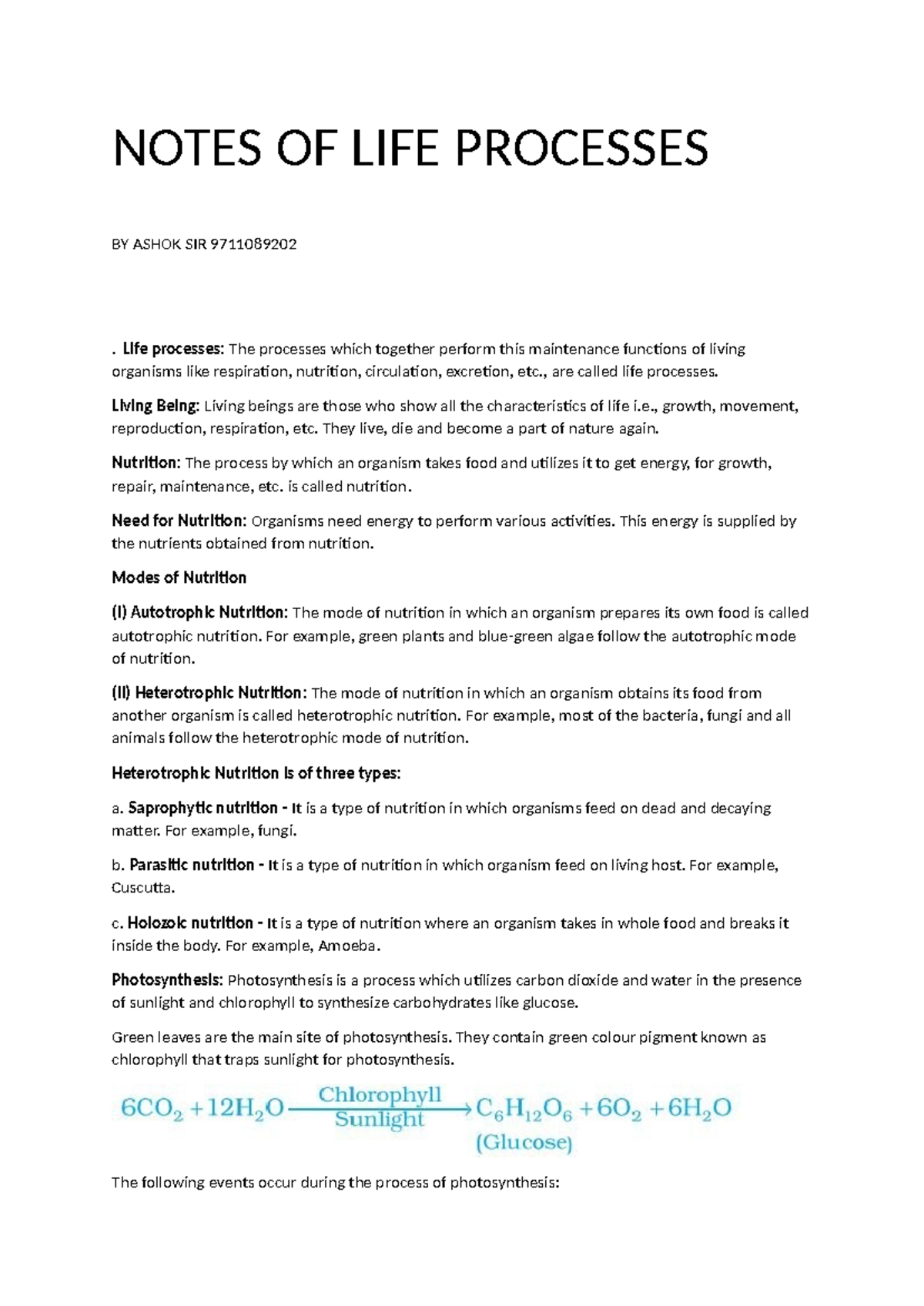 Life Processes Notes for Class 10 (Biology) - ASHOK SIR - Studocu