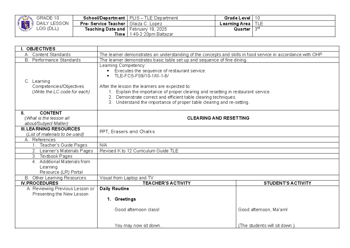GRADE 10 TLE DAILY LESSON LOG: Clearing and Resetting Techniques - Studocu