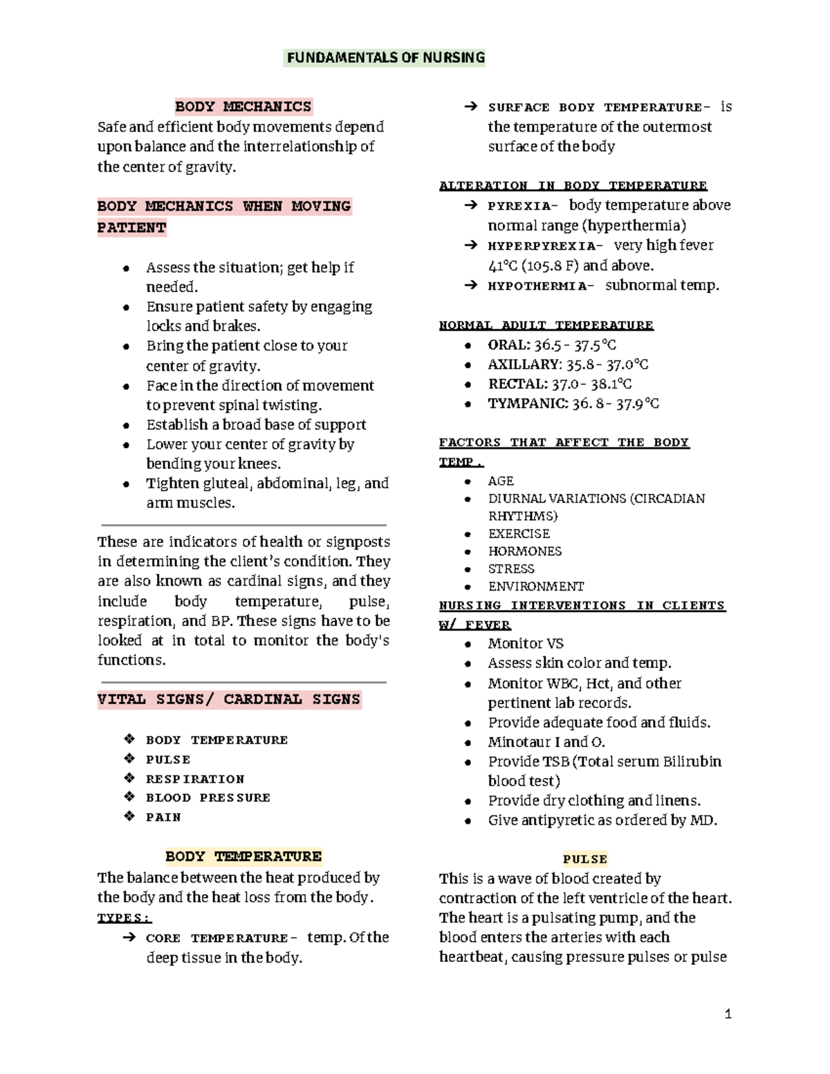 CMPA 411 - Body Mechanics and Vital Signs Overview - Studocu