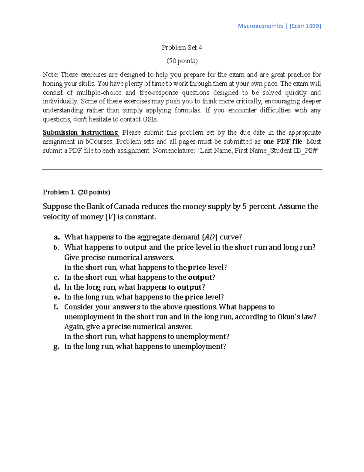 Macroeconomics (Econ 100B) Problem Set 4: Exam Prep Exercises - Studocu
