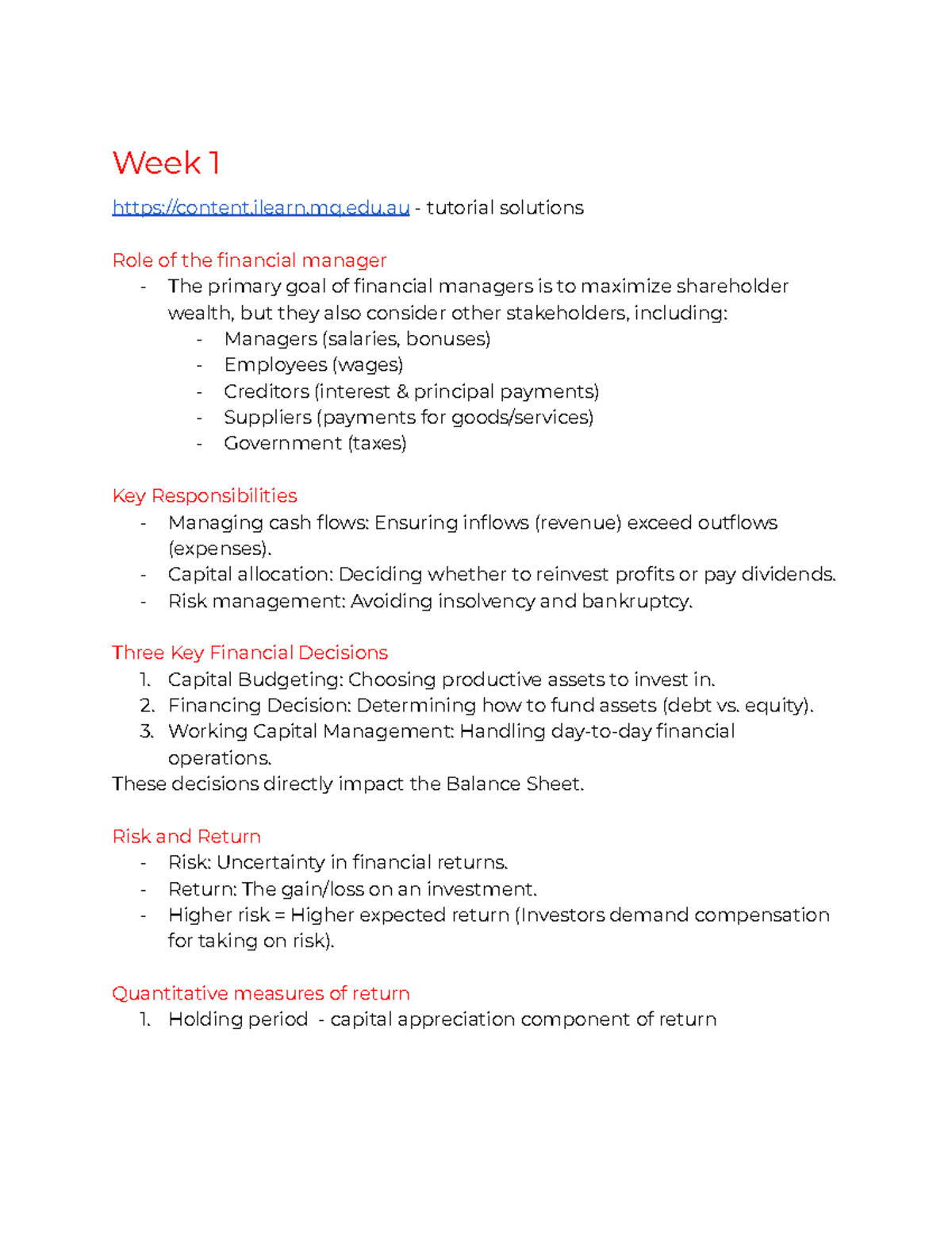 Financial Management (FM101) - Week 1 Tutorial Solutions - Studocu