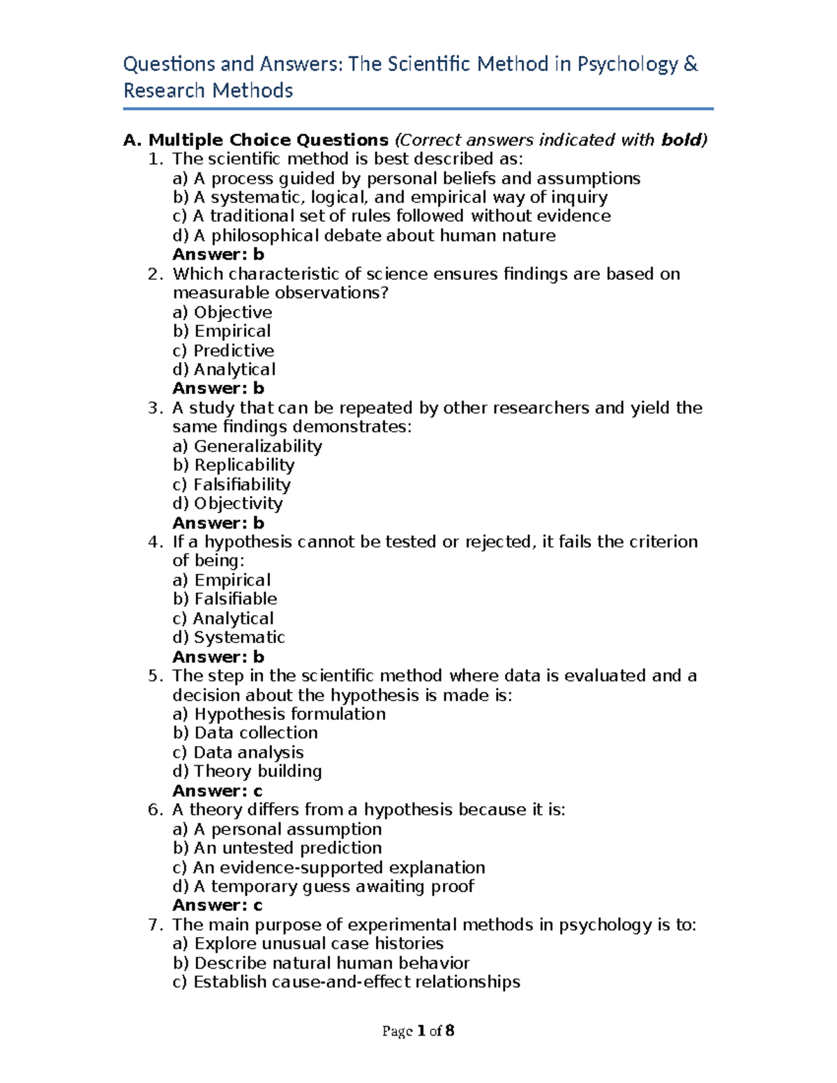 Questions and Answers: Research Methods in Psychology (PSY 101) - Studocu