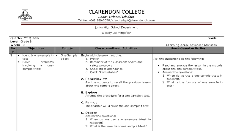 CLARENDON COLLEGE Grade 8 Weekly Learning Plan: 2nd Quarter, Week 10 ...