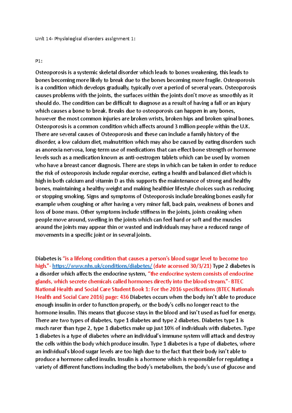 Health and Social Care Unit 14 Task 1 first finished copy - Unit 14- Physiological disorders ...