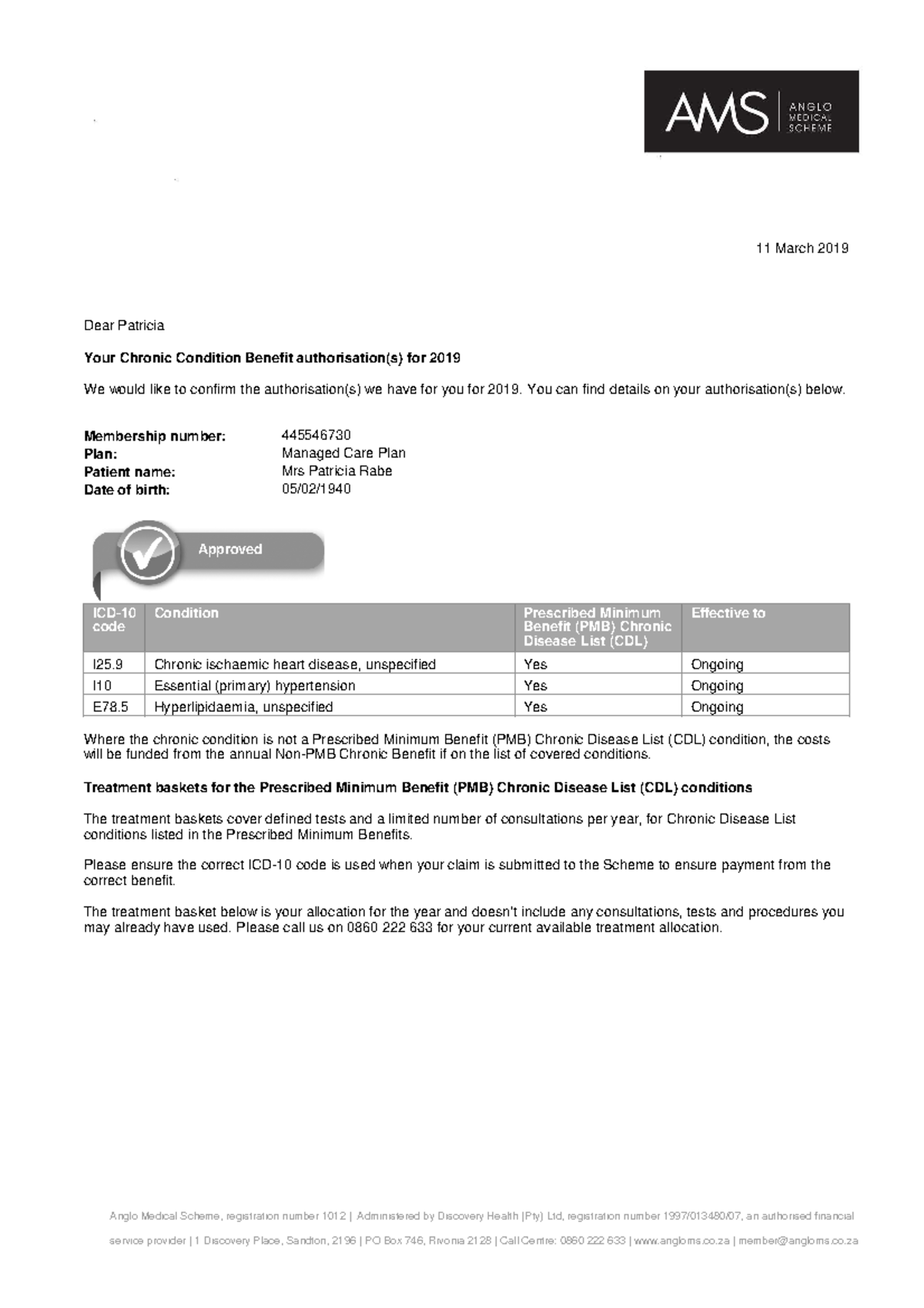 Anglo Medical Scheme Chronic Condition Benefits 2019 - Ref: 1012 - Studocu