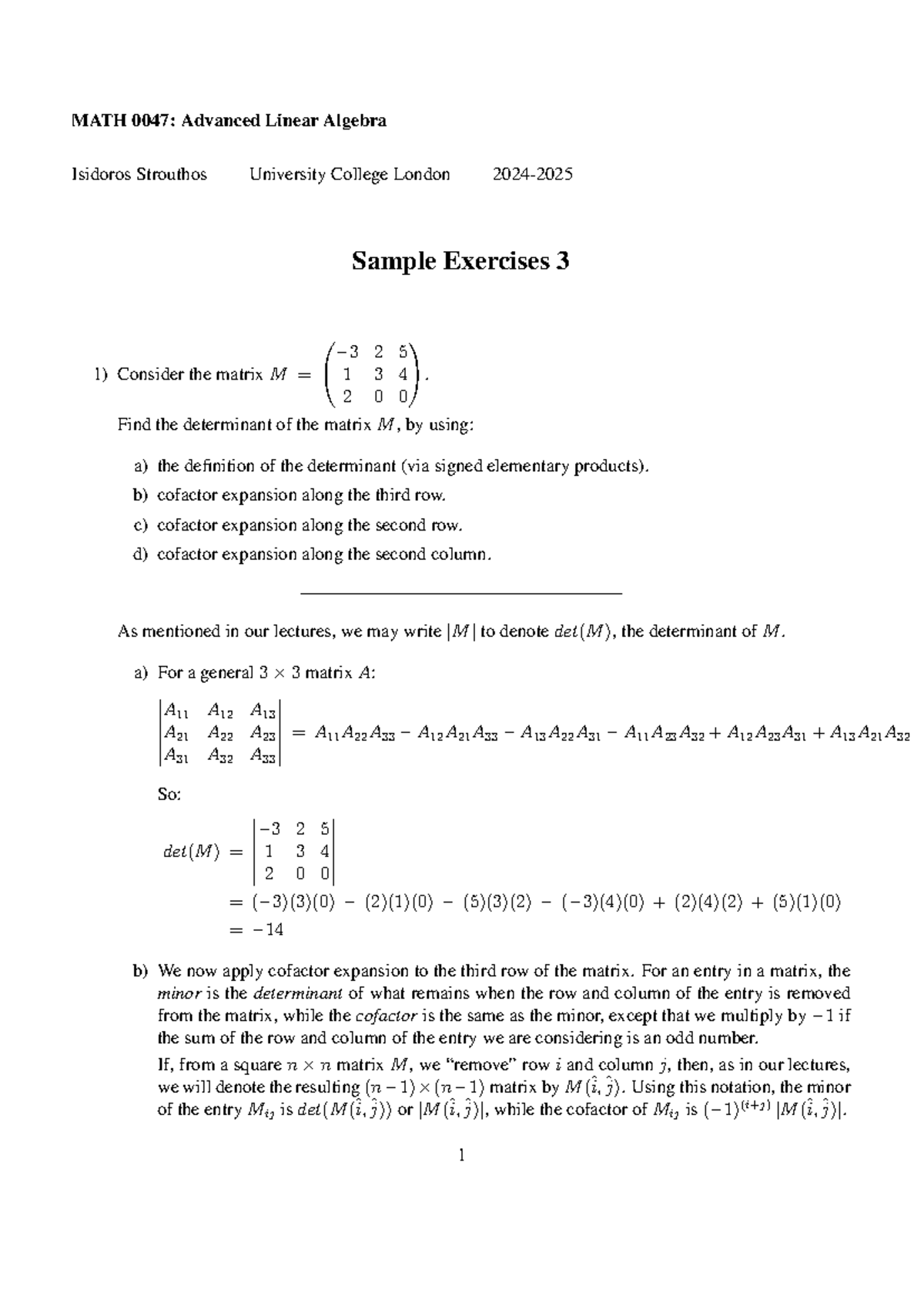MATH 0047: Sample Exercises on Determinants and Matrix Inverses - Studocu