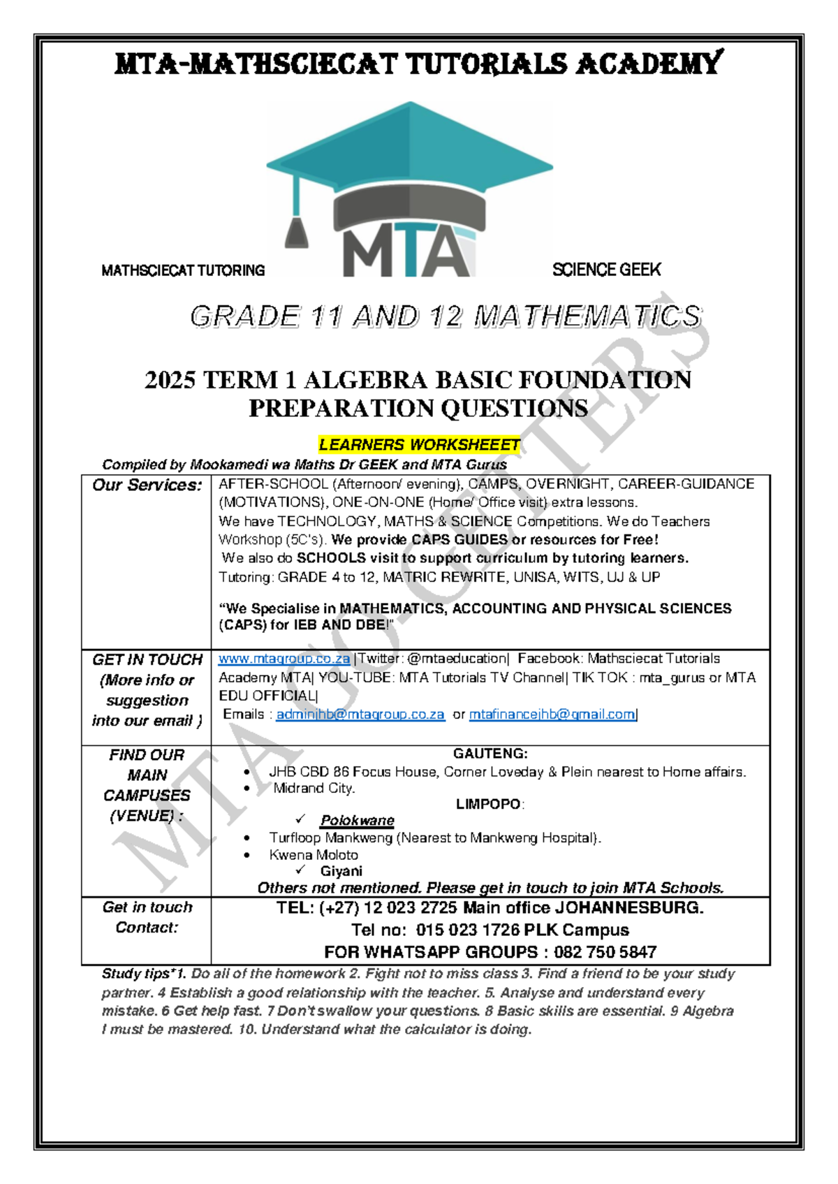 MTA LG Maths Gr11-12 Algebra 2025 Final Exam Preparation Package 1 ...