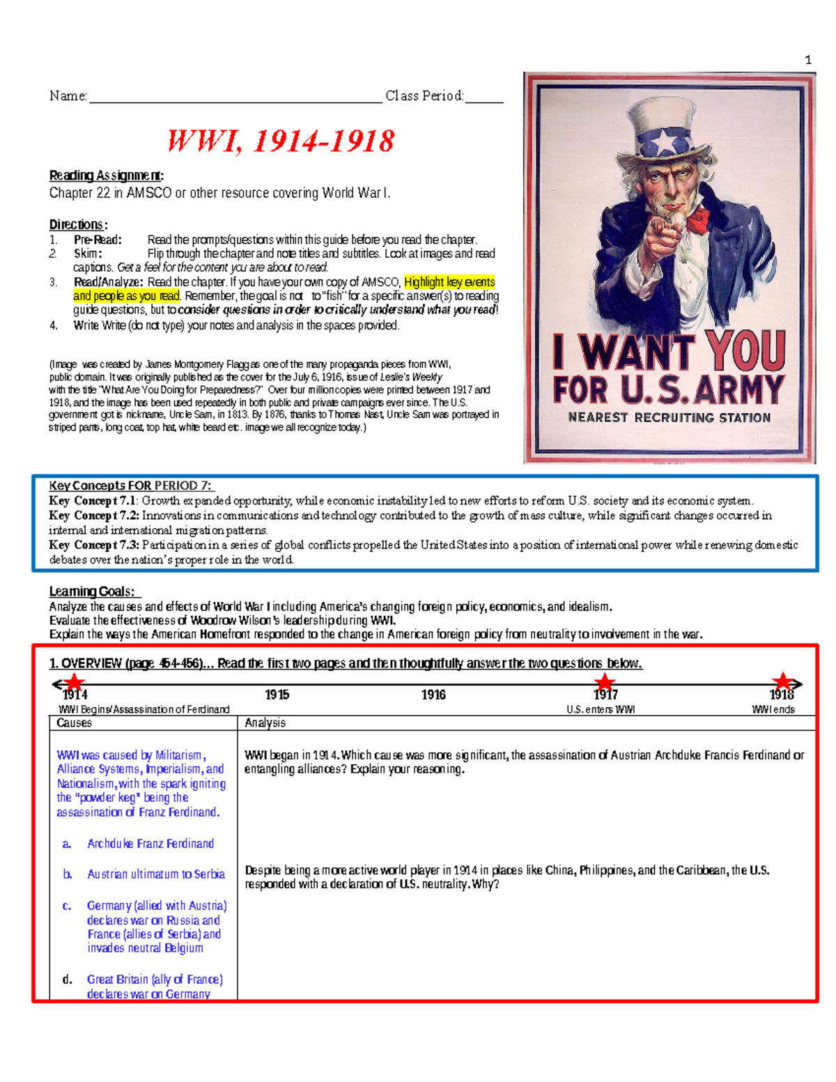 WWI Reading Assignment: Analyzing Chapter 22 in AMSCO (History 101 ...