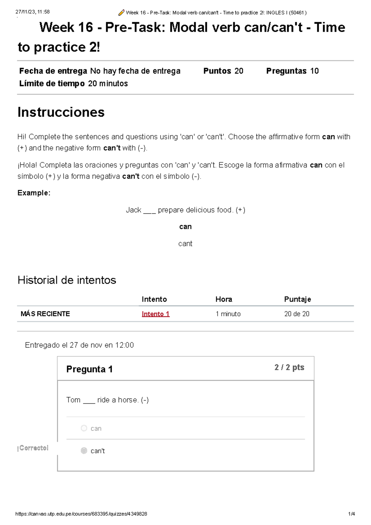 Week 16 - Practice on Modal Verb 'Can' & 'Can't' - Ingles I (50461 ...