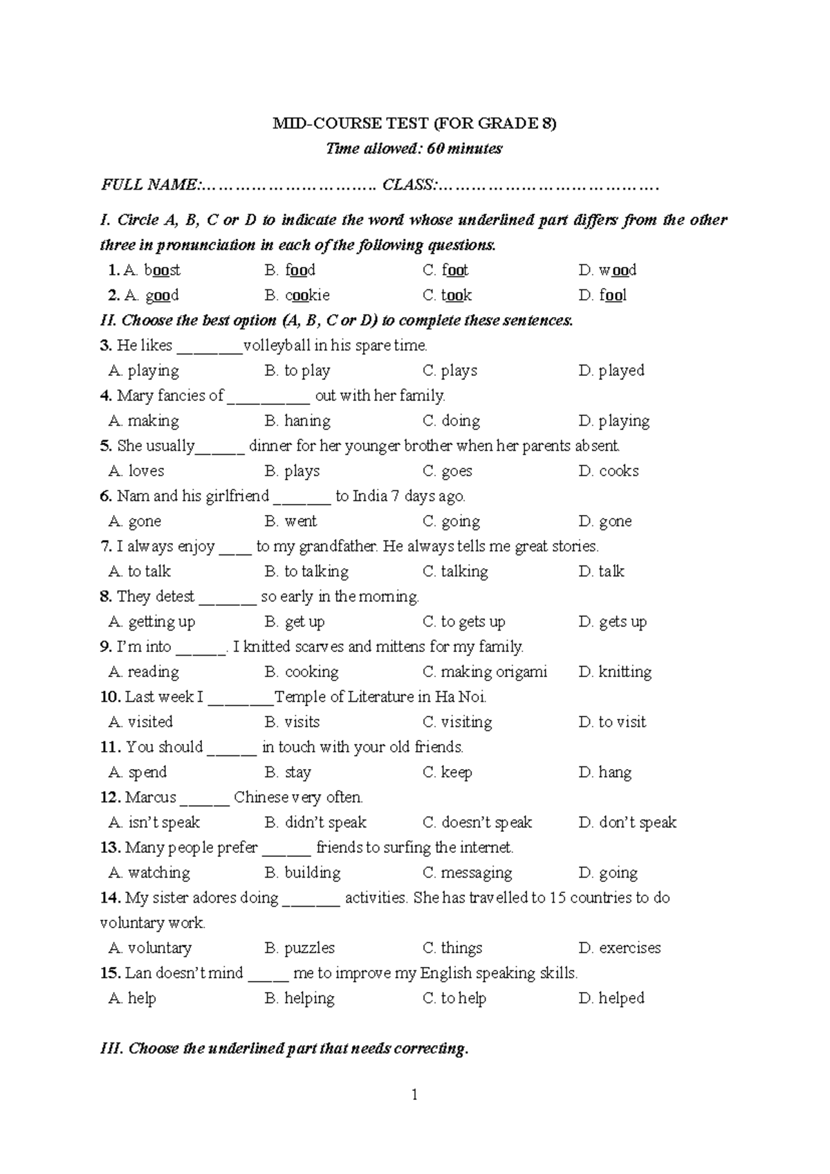 MID-COURSE TEST - Kiểm Tra Kĩ Năng Theo Unit Global Success (Grade 8 ...
