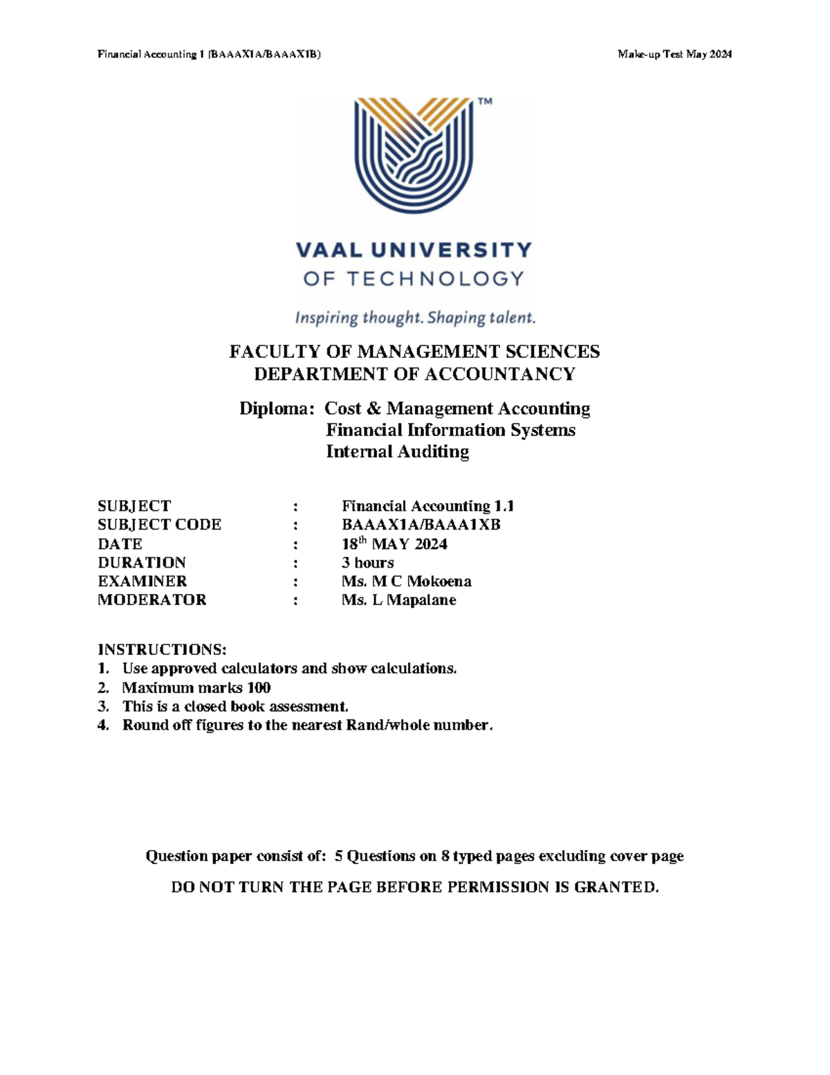 Financial Accounting 1 Make-Up Test Memo May 2024 - Studocu