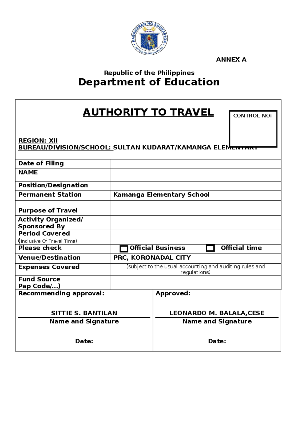 Authority TO Travel NEW - ANNEX A Republic of the Philippines ...