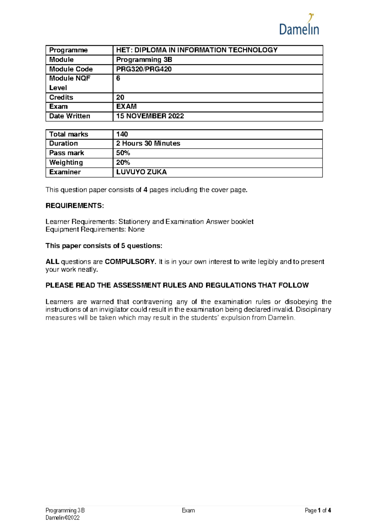 Diploma In IT - Programming 3B - Programming 3B Exam Page 1 of 4 ...