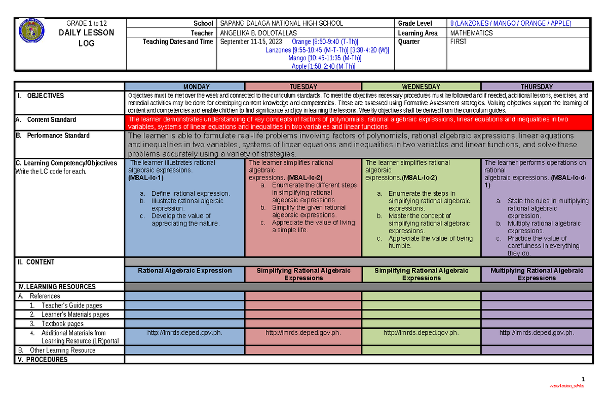 MATH 8 DAILY LESSON LOG Q1 - Week 3: Rational Algebraic Expressions ...