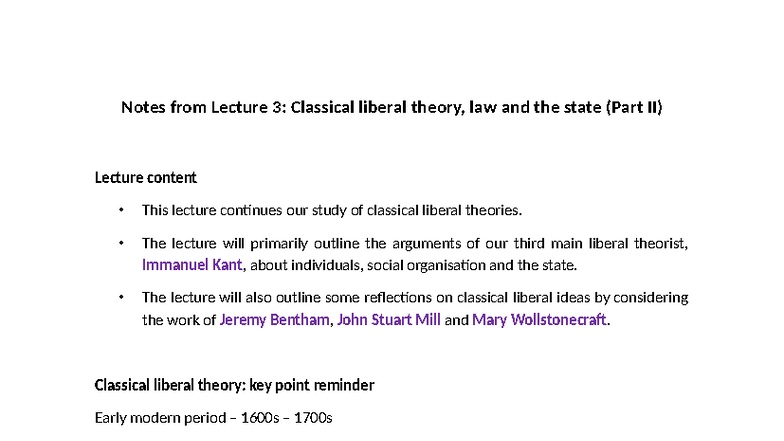 Lecture 3 Notes: Classical Liberal Theory & Key Thinkers (KANT) - Studocu