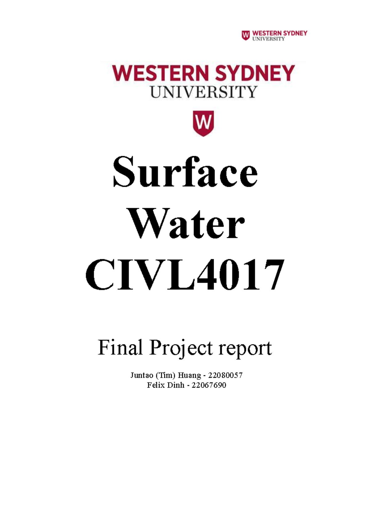 CIVL4017 Surface Water Final Project Report by Huang & Dinh - Studocu