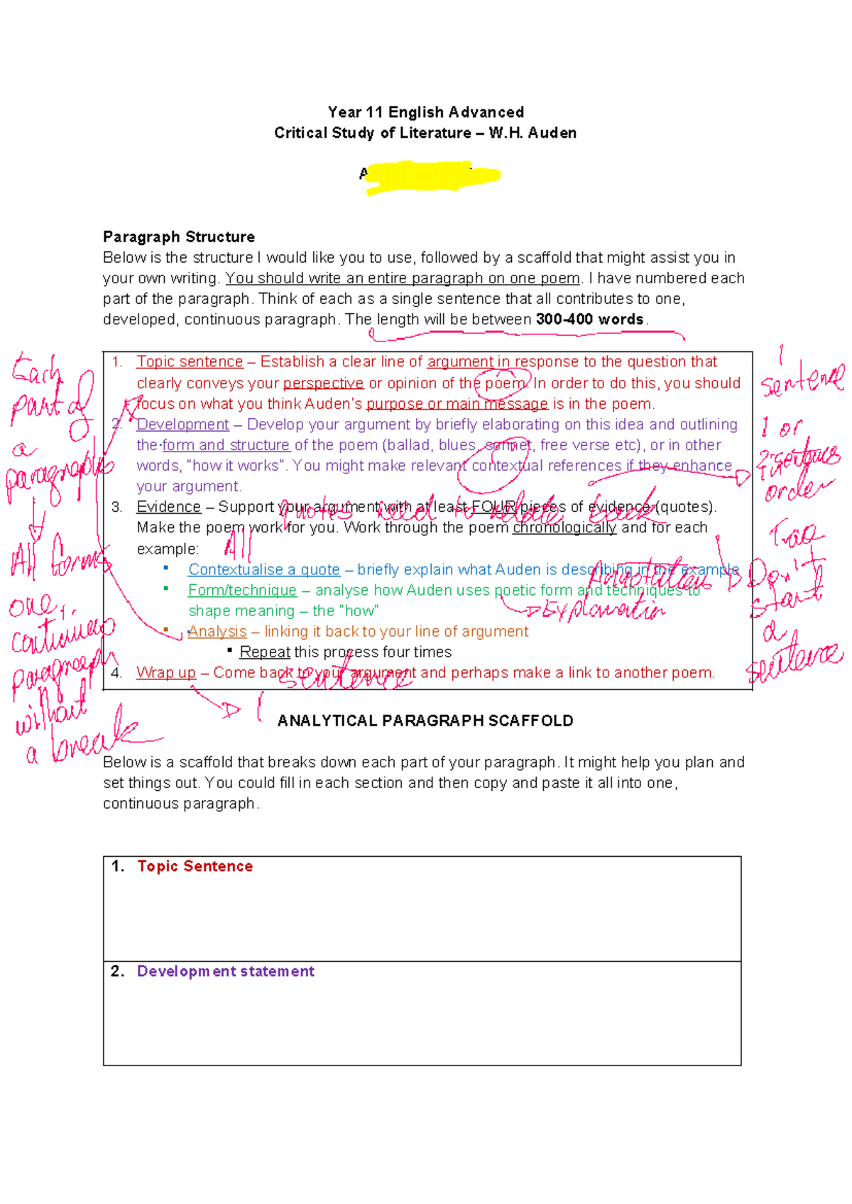 Year 11 English Advanced: W.H. Auden Poetry Analysis Structure Guide ...