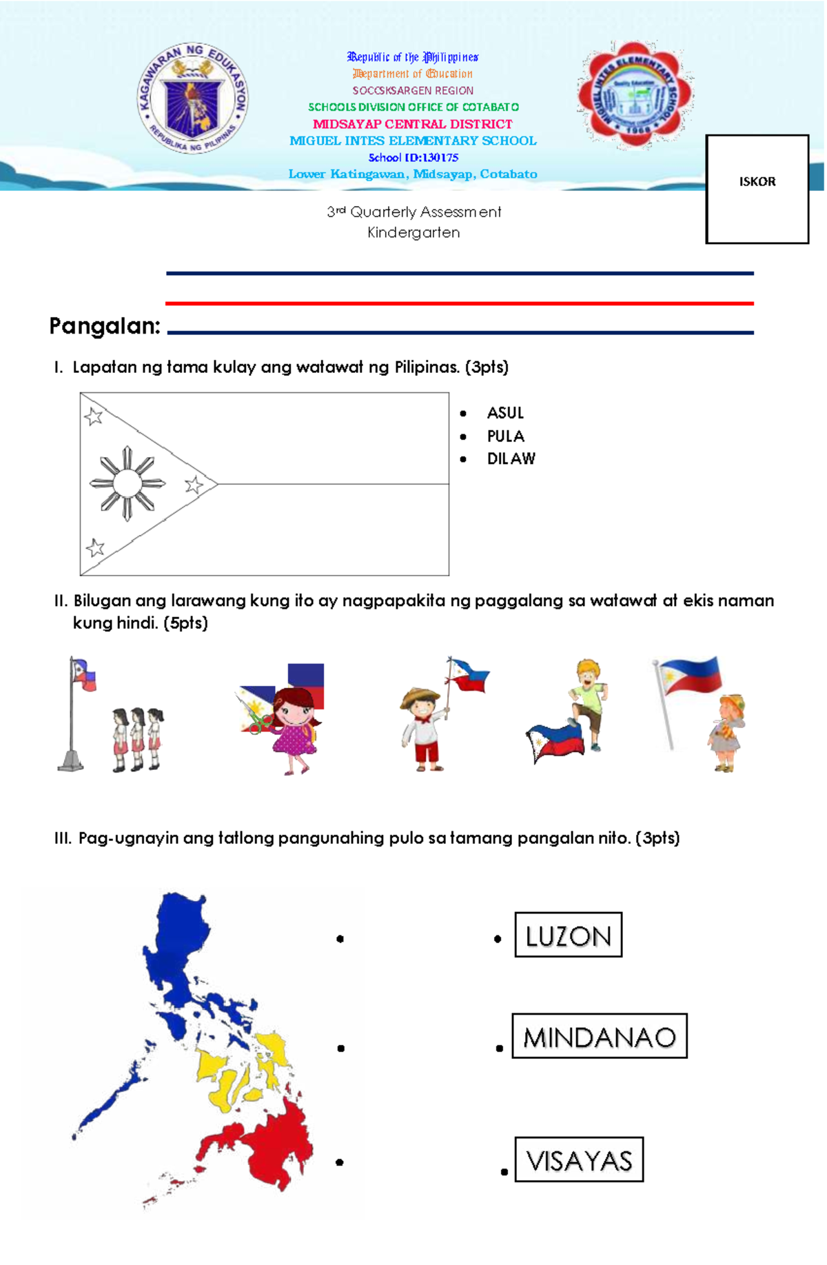 3rd Quarter Assessment - Kindergarten - Miguel Intes Elementary School ...