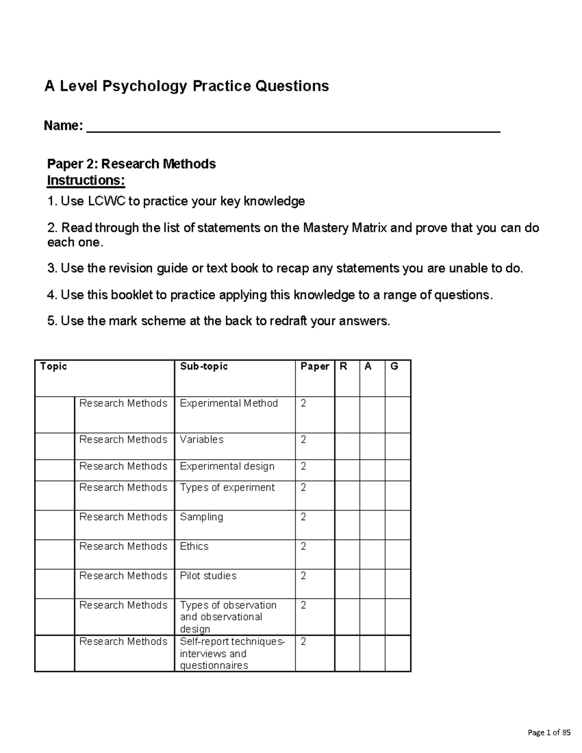 Research Methods Exam Questions (A Level Psychology Practice) - Studocu