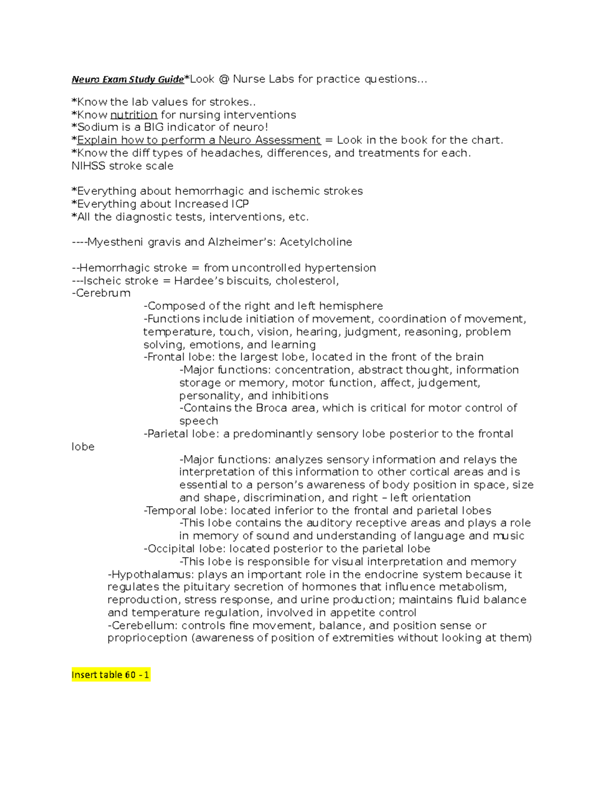 Neuro Exam Study Guide: Key Concepts for Nursing Success - Studocu
