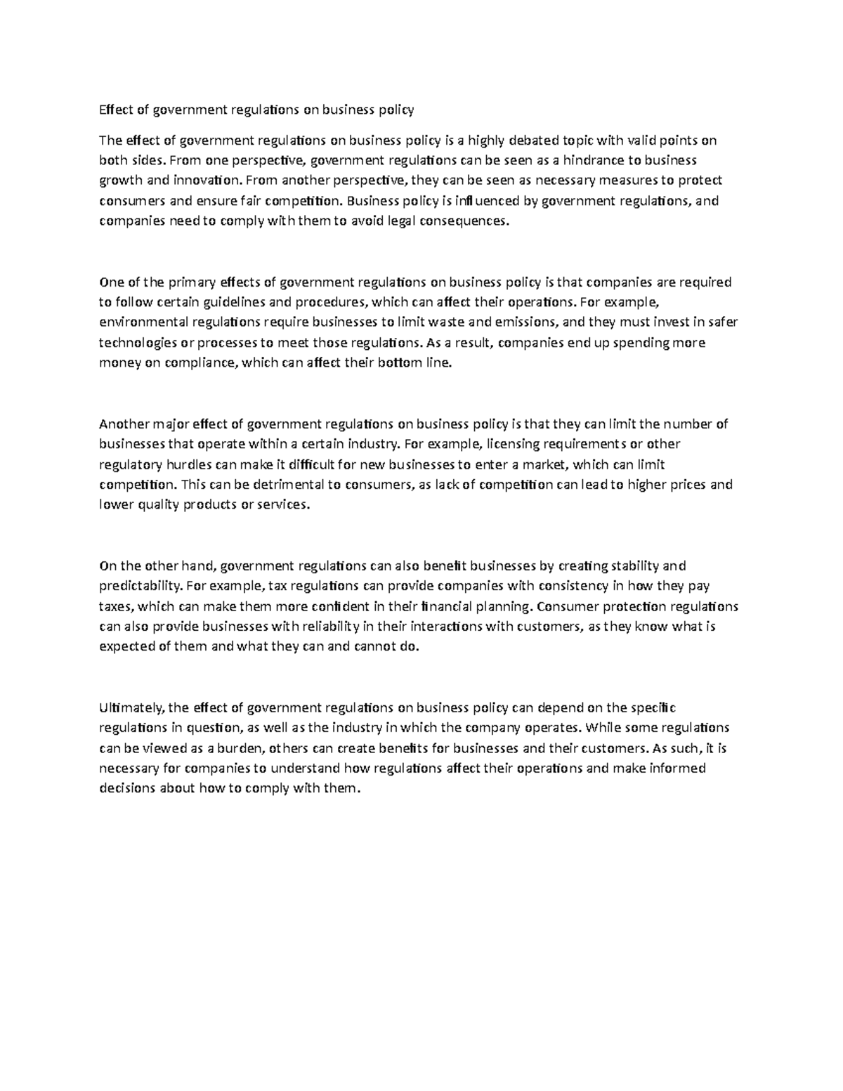 Effect of government regulations on business policy - From one ...