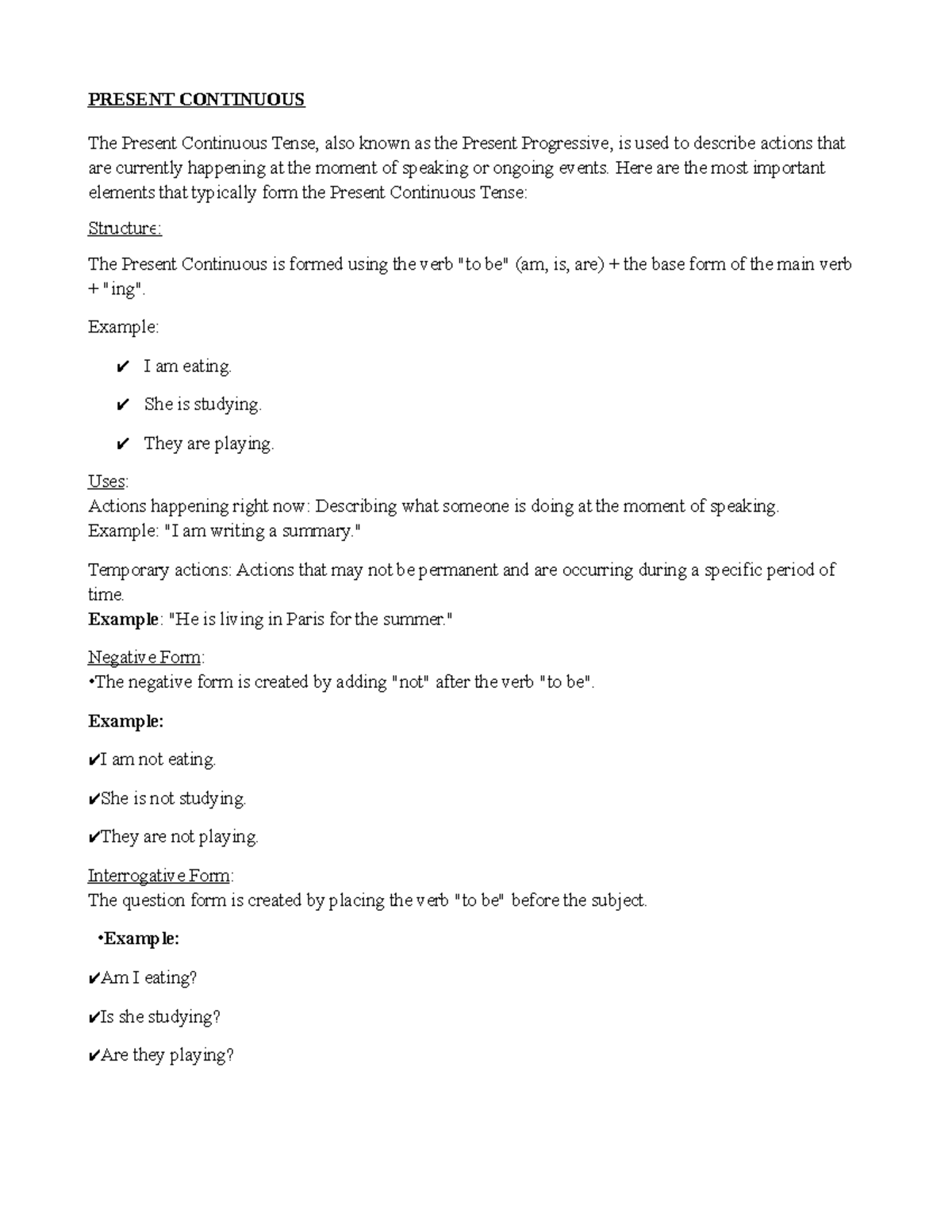 Present Continuous Tense Overview and Usage Examples - Studocu