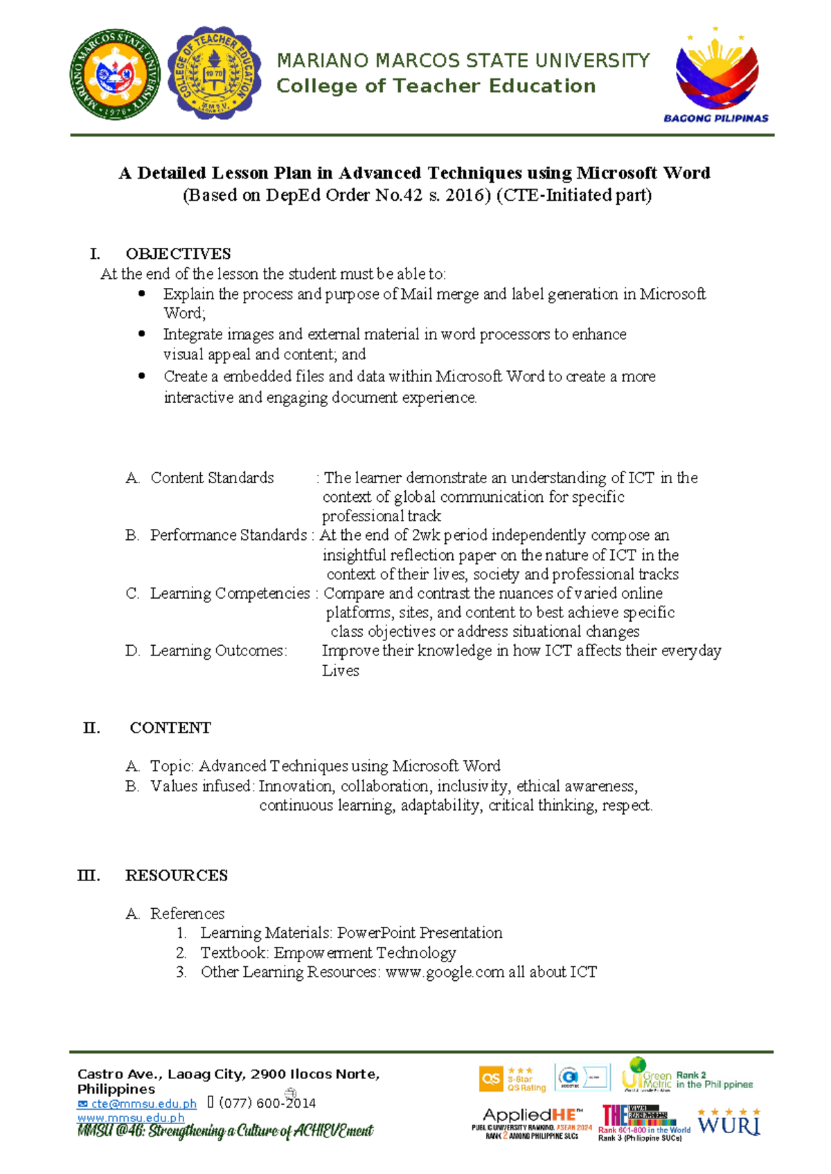 TLED-DLP-1 - Advanced Techniques in Microsoft Word - Lesson Plan - Studocu