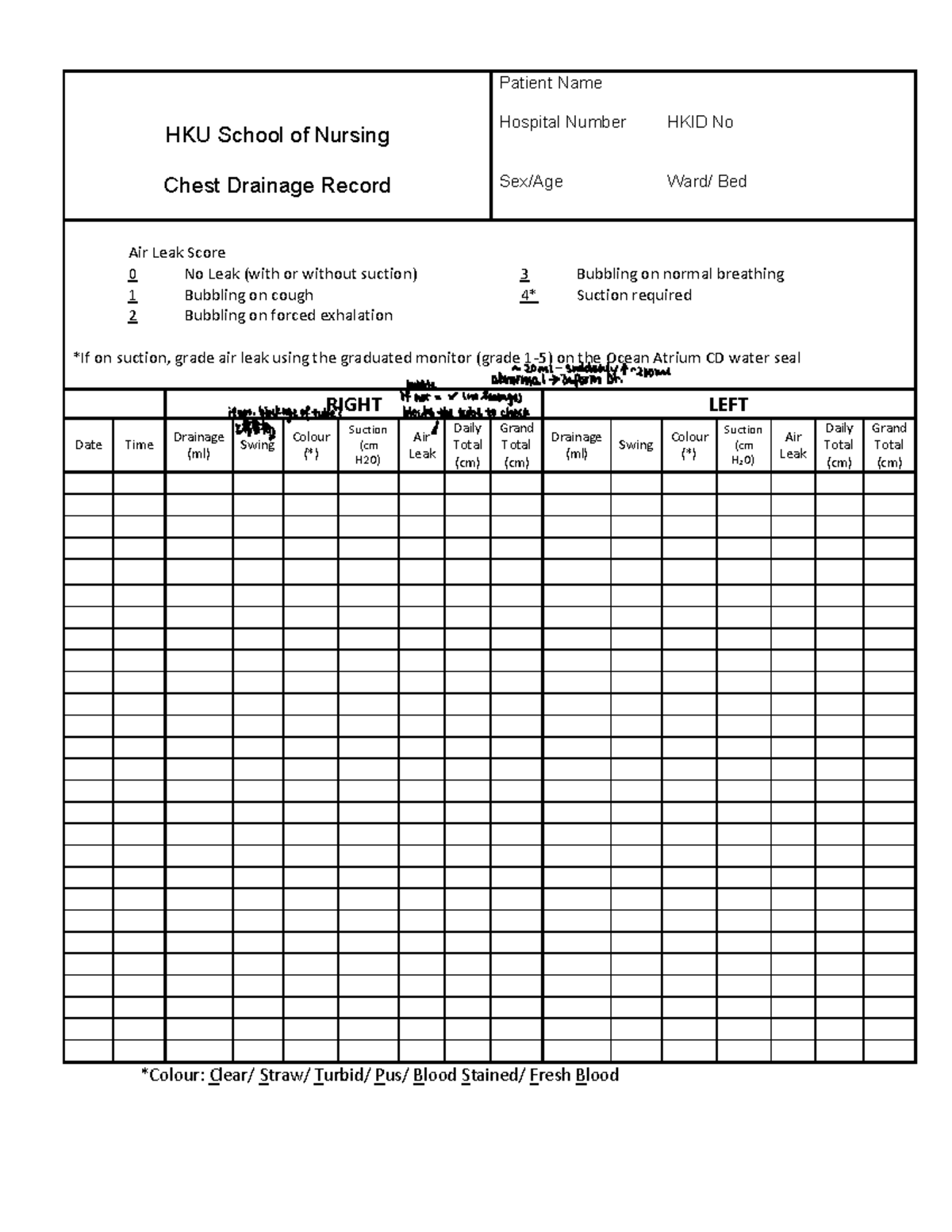 Chest Drainage Record - HKU Nursing Documentation - Studocu