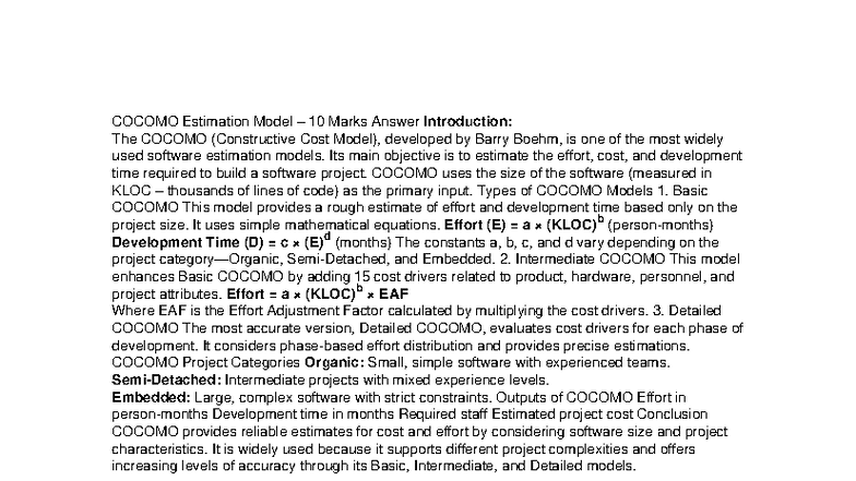 COCOMO Estimation Model Overview - 10 Marks Answer - Studocu