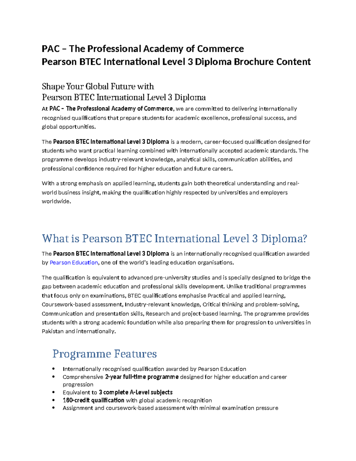 PAC BTEC International Level 3 Diploma Brochure: Shape Your Future ...