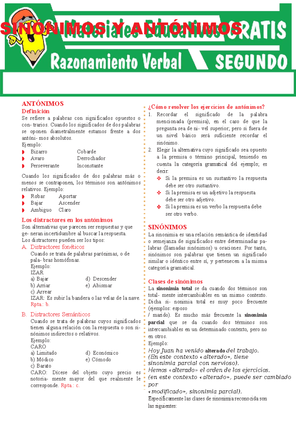 Ejercicios de Sinónimos y Antónimos para 2do Grado Secundaria - Studocu