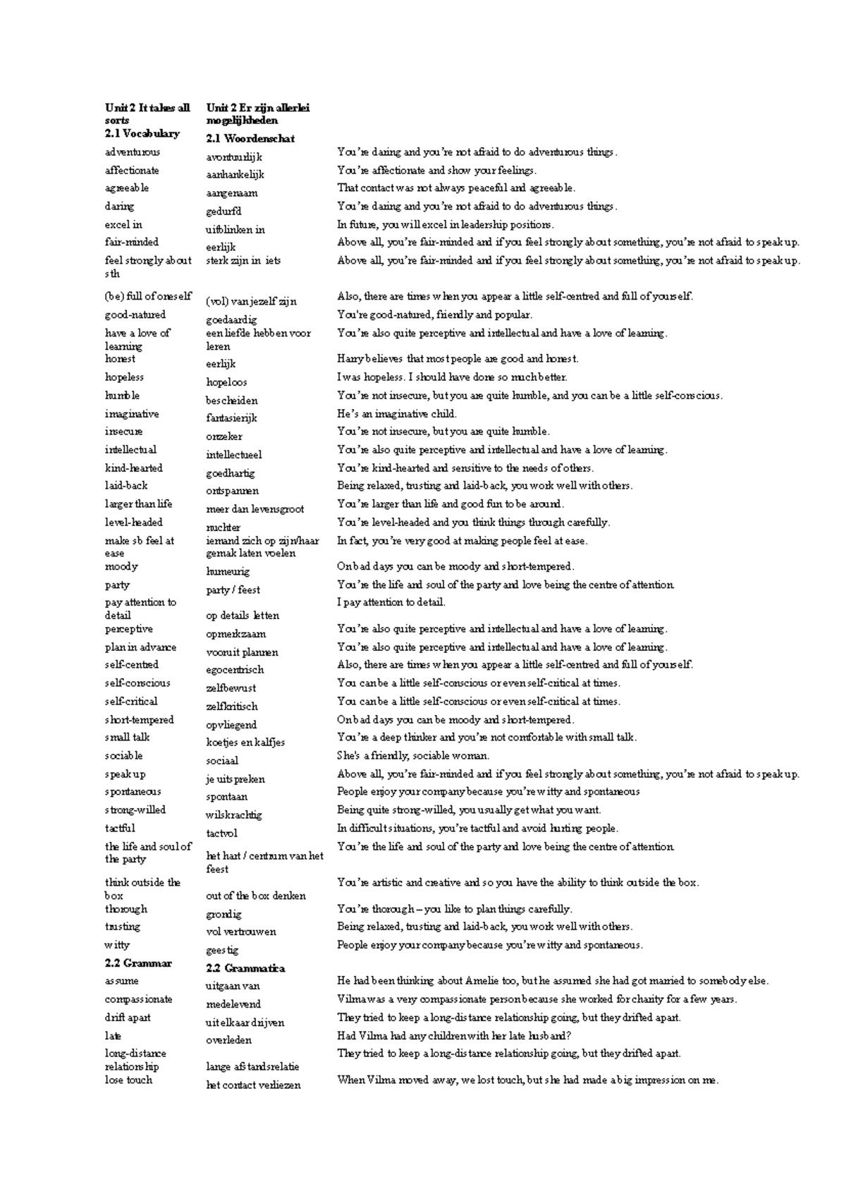 Unit 2 Vocabulary & Grammar Notes (Engels) - Studeersnel