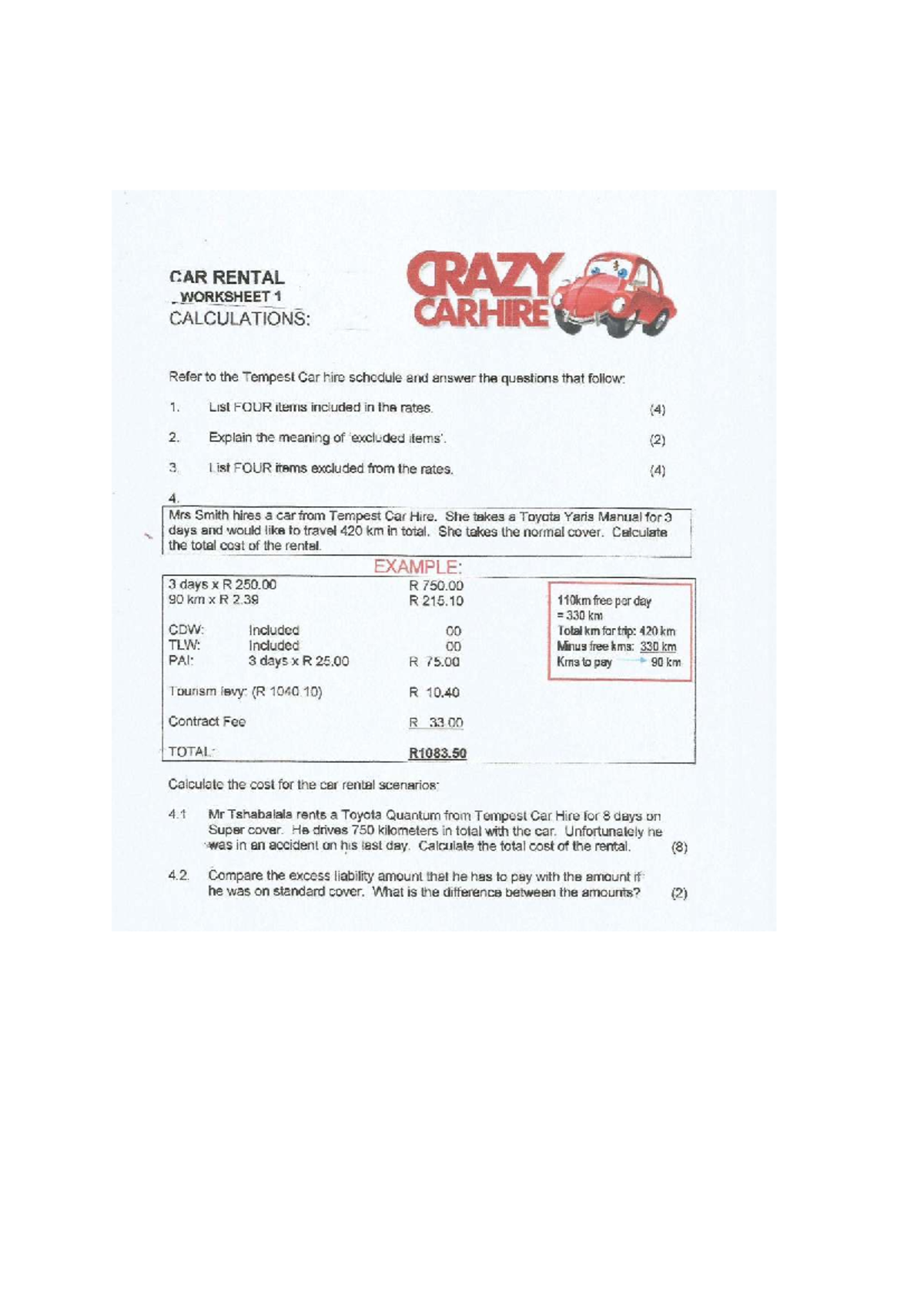 CARHIRE 101: Worksheet 1 Calculations & Scenarios - Studocu