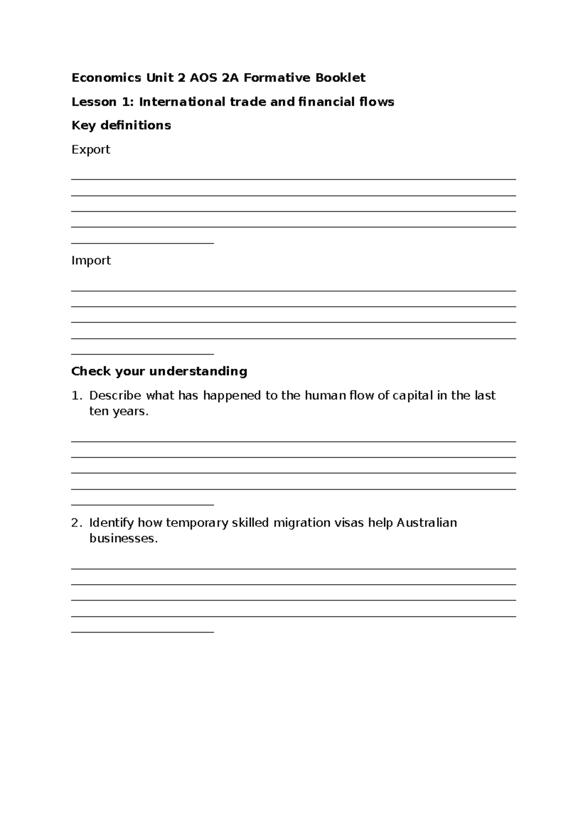 Economics Unit 2 AOS 2A Formative Booklet: International Trade Insights ...