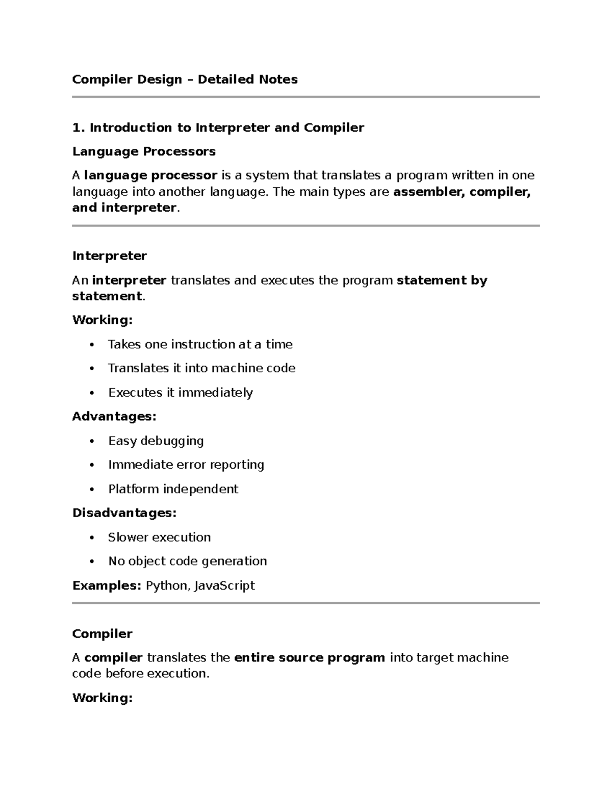 Compiler Design Detailed Notes: Interpreter vs Compiler - Studocu