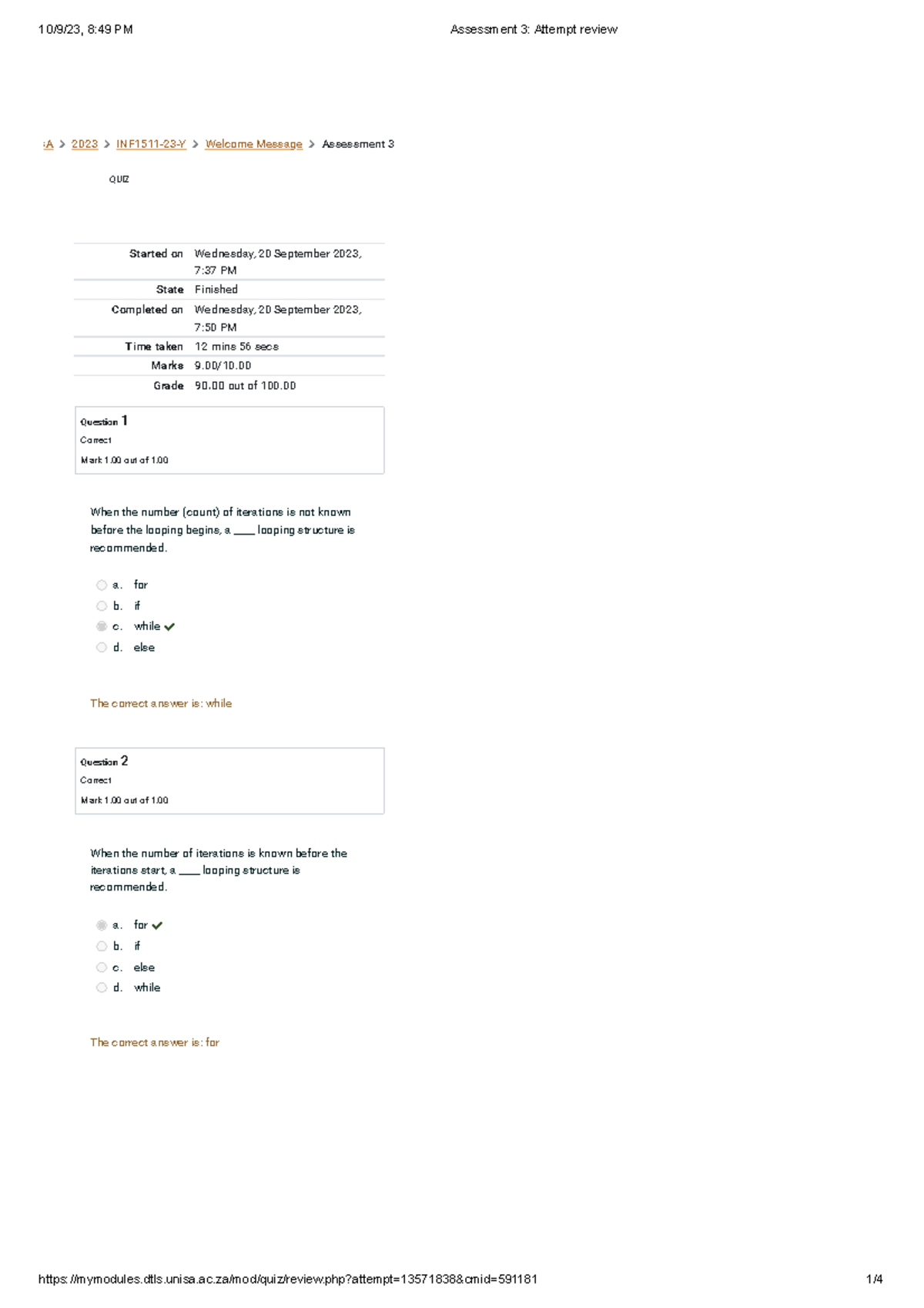 INF1511-23-Y Assessment 3 Attempt Review and Results - Studocu