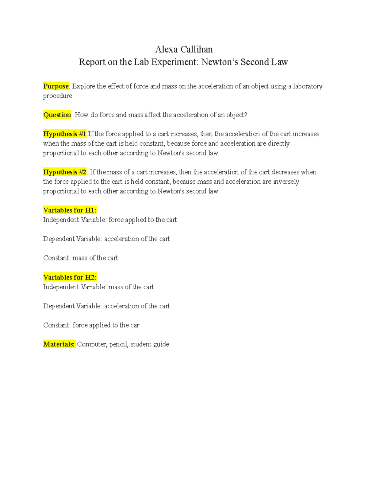 Lab Report: Newton's Second Law Experiment on Force & Mass Effects ...