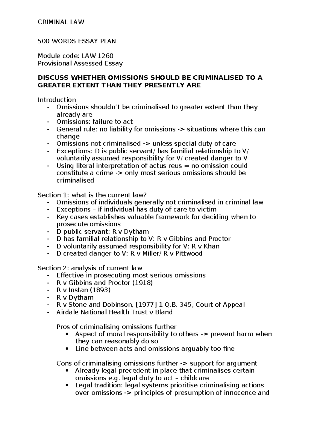 LAW 1260: Essay Plan on Criminalising Omissions - Semester 1 - Studocu