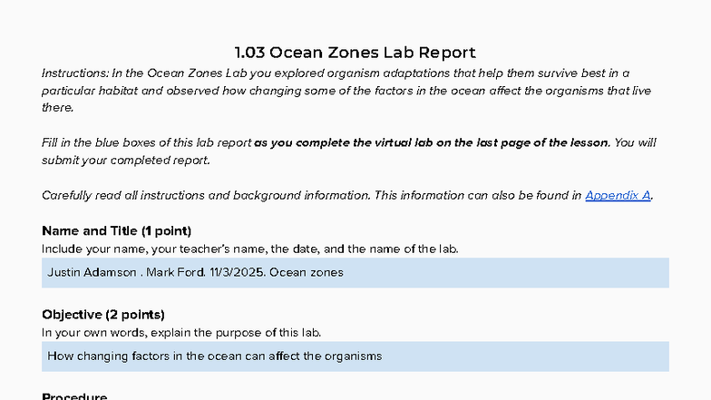 1.03 Ocean Zones Lab Report: Exploring Organism Adaptations - Studocu