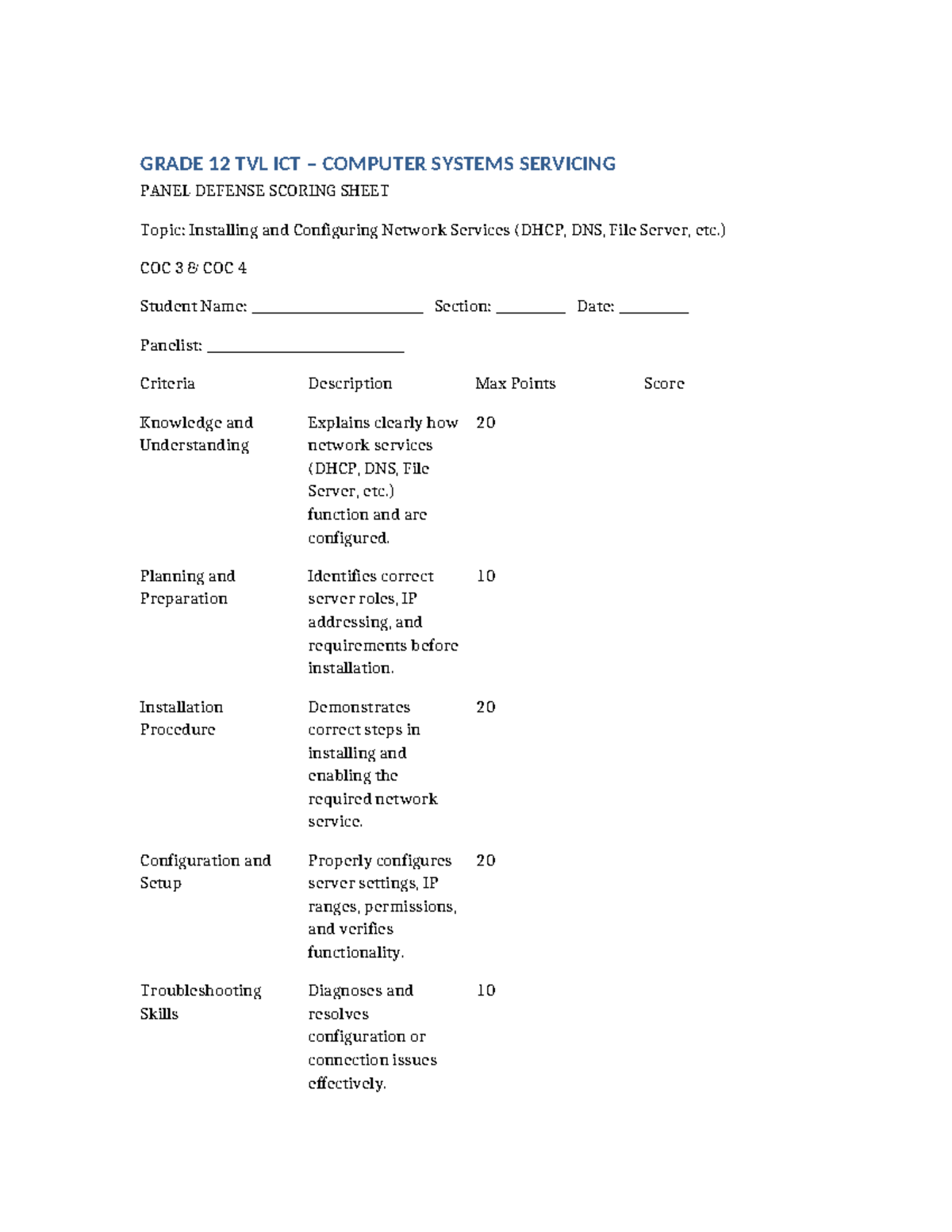 GRADE 12 TVL ICT COC 3 & 4 Panel Defense Scoring Sheet - Studocu
