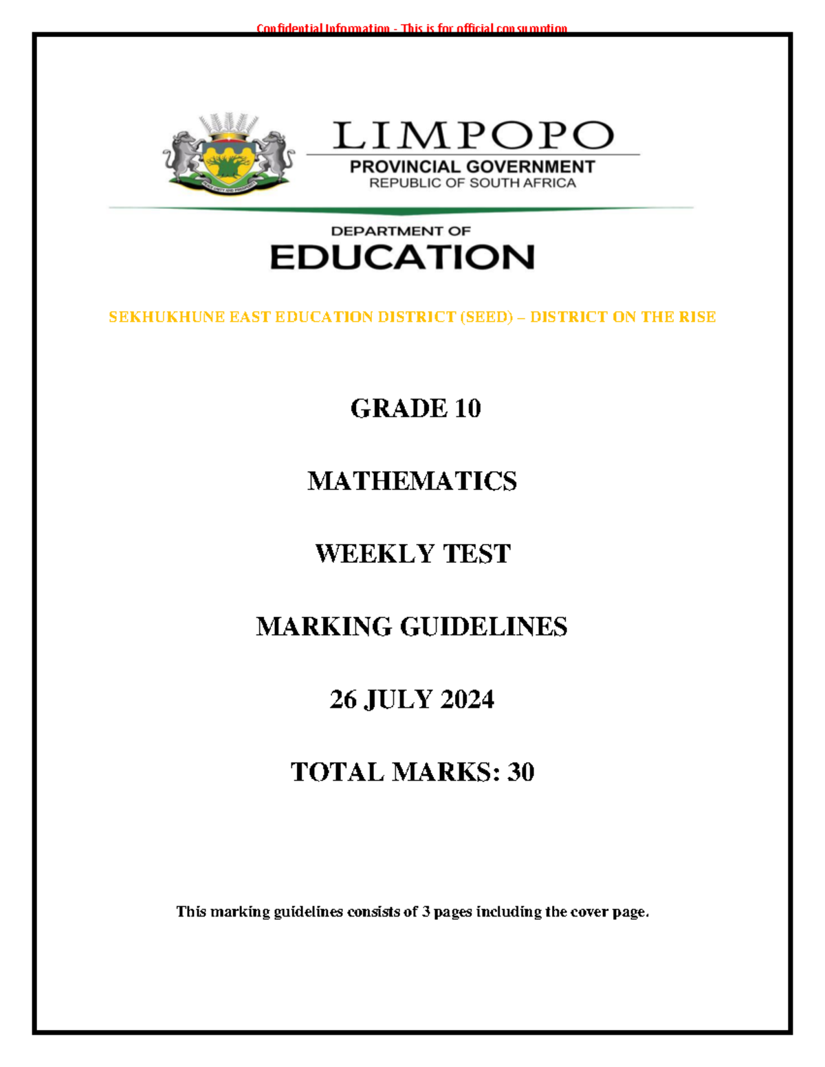 MATH GR 10 Weekly Test Marking Guidelines - 26 July 2024 - Studocu