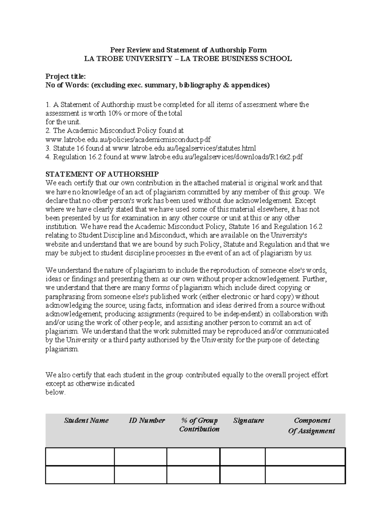 Peer Review and Authorship Statement - LA TROBE BUSINESS SCHOOL - Studocu
