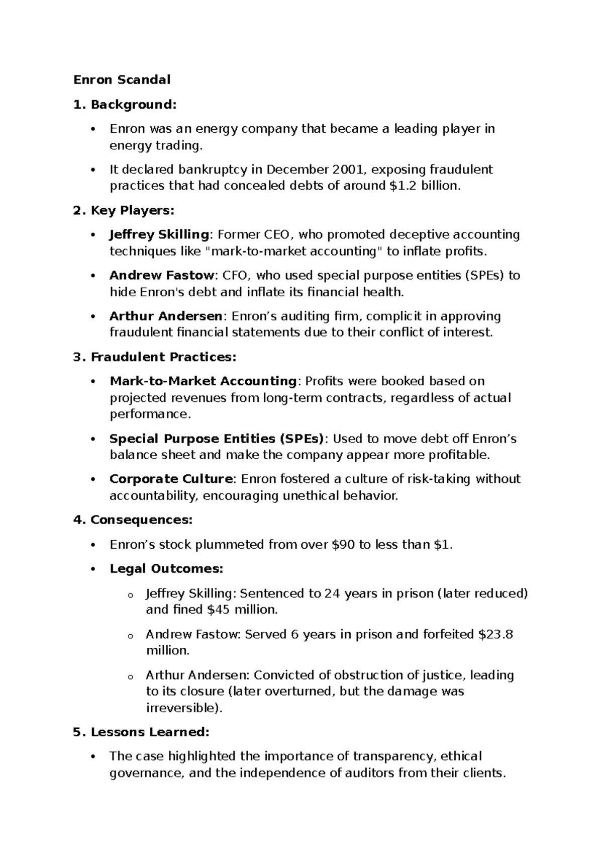 Enron Scandal - case - Enron Scandal 1. Background: Enron was an energy ...