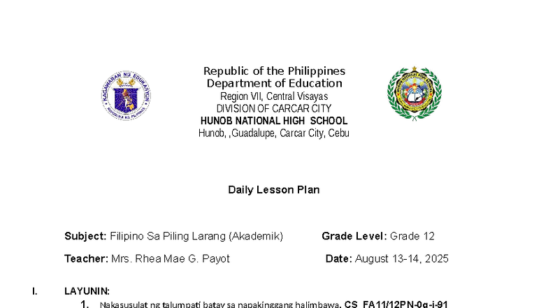 Filipino 12 Daily Lesson Plan: Uri at Paraan ng Talumpati - Studocu