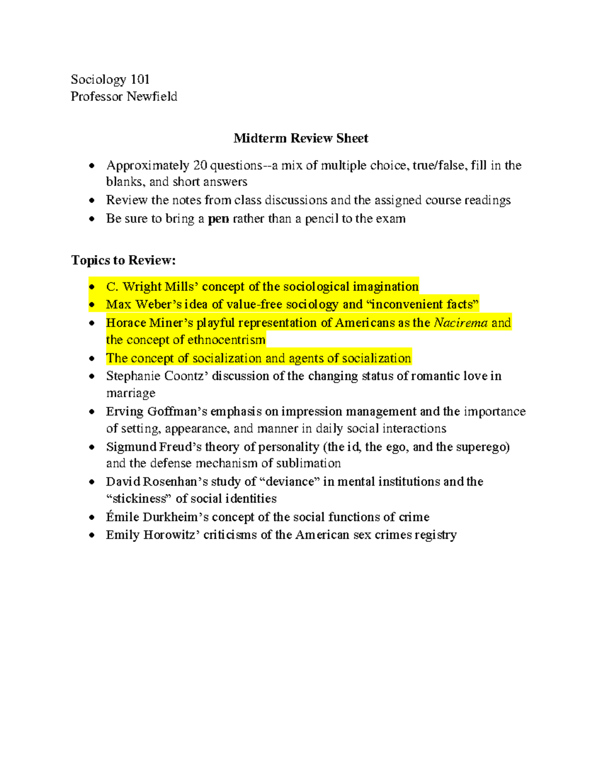 Soc 101 Midterm Review Sheet spring 2025 - Sociology 101 Professor Newfield Midterm Review Sheet ...