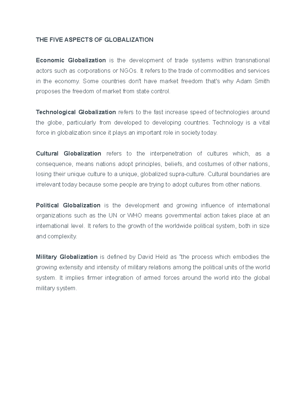 THE FIVE Aspects OF Globalization - THE FIVE ASPECTS OF GLOBALIZATION ...