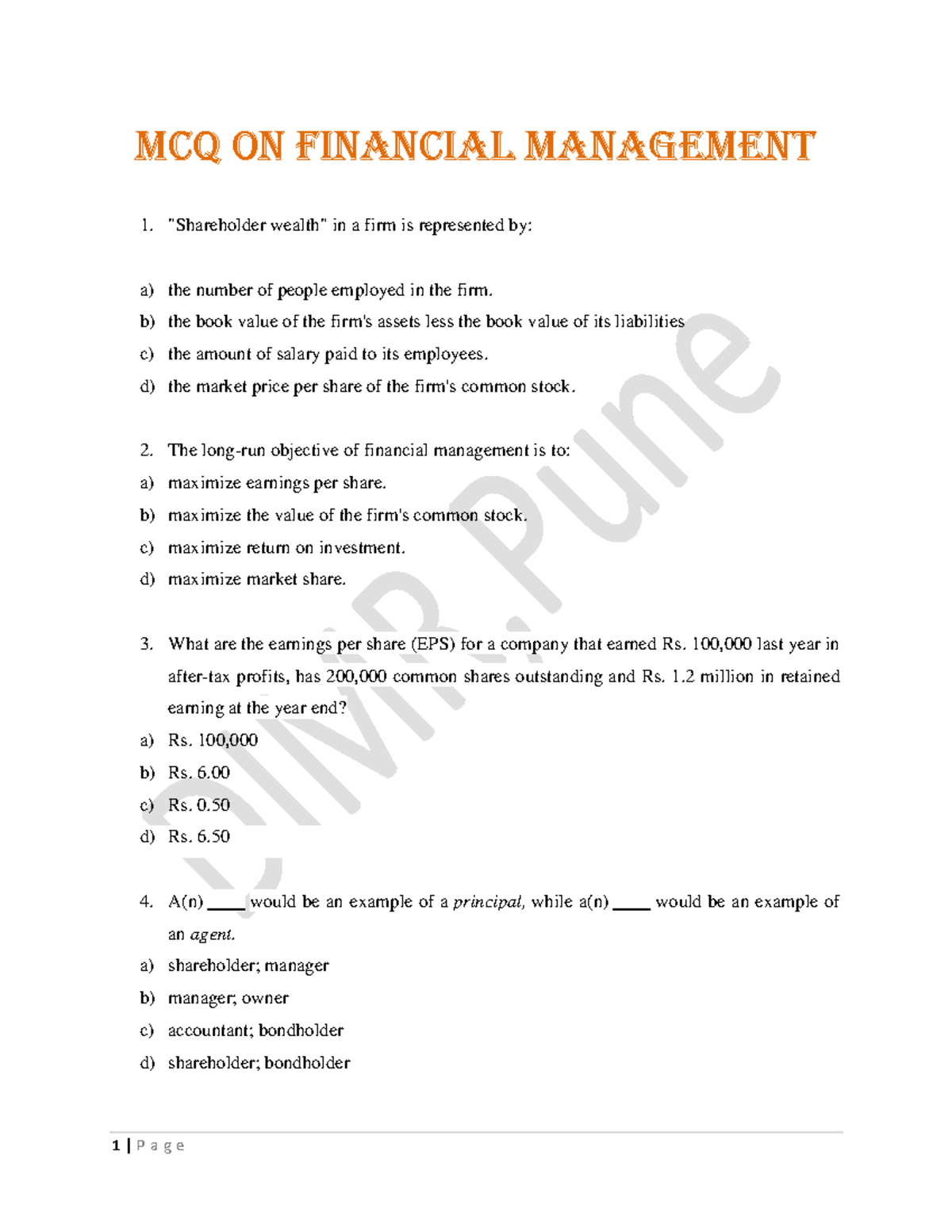 MCQ on FIN 101: Financial Management Practice Questions - Studocu